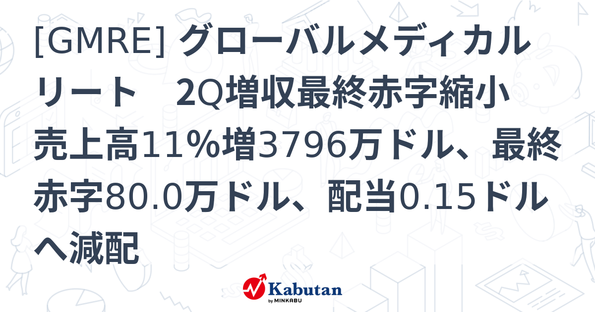 [GMRE] グローバルメディカルリート 2Q増収最終赤字縮小 売上高11％増3796万ドル、最終赤字80.0万ドル、配当0.15ドルへ減配 ...