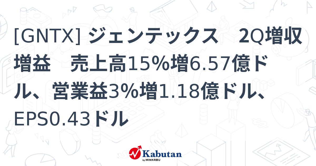 [GNTX] ジェンテックス 2Q増収増益 売上高15％増6.57億ドル、営業益3％増1.18億ドル、EPS0.43ドル - 株探(かぶたん)｜米国株