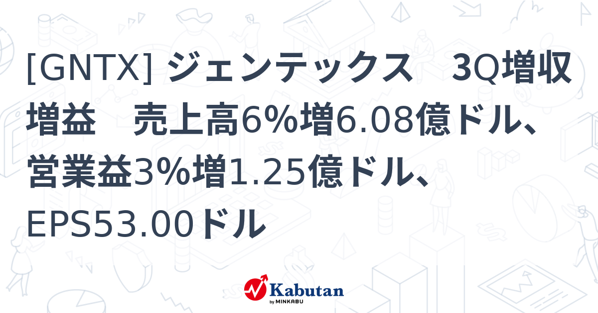 [GNTX] ジェンテックス 3Q増収増益 売上高6％増6.08億ドル、営業益3％増1.25億ドル、EPS53.00ドル - 株探(かぶたん)｜米国株