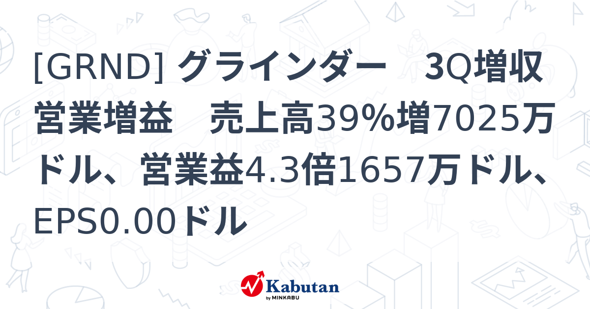 [GRND] グラインダー 3Q増収営業増益 売上高39％増7025万ドル、営業益4.3倍1657万ドル、EPS0.00ドル - 株探 ...