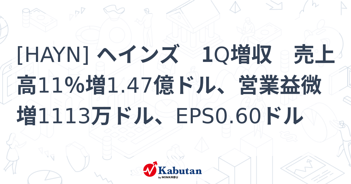 [HAYN] ヘインズ 1Q増収 売上高11％増1.47億ドル、営業益微増1113万ドル、EPS0.60ドル - 株探(かぶたん)｜米国株