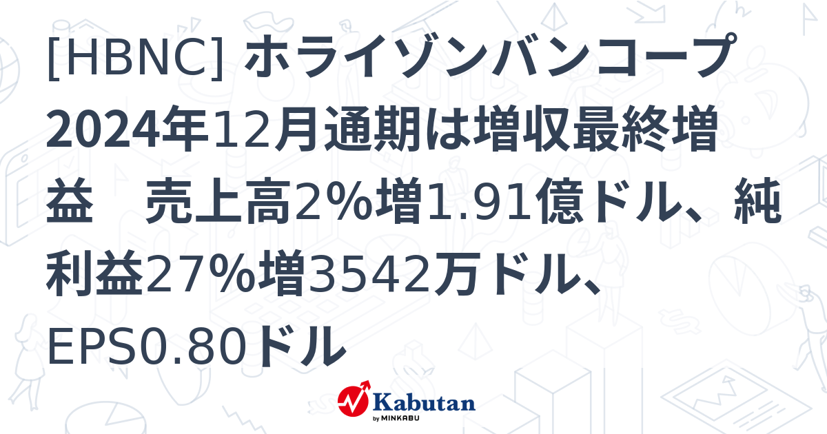 [HBNC] ホライゾンバンコープ 2024年12月通期は増収最終増益 売上高2％増1.91億ドル、純利益27％増3542万ドル、EPS0 ...