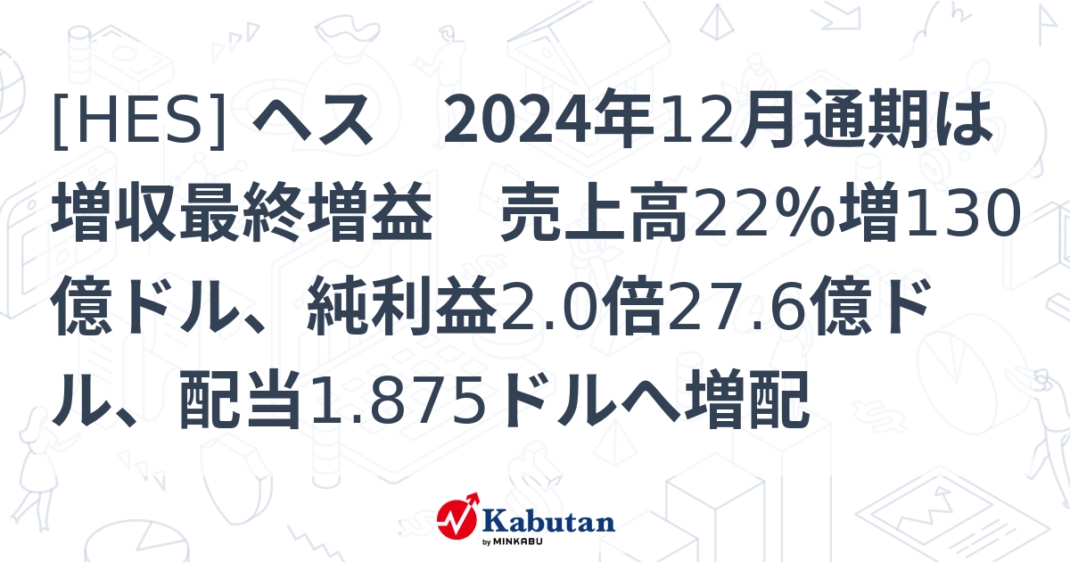 [HES] ヘス 2024年12月通期は増収最終増益 売上高22％増130億ドル、純利益2.0倍27.6億ドル、配当1.875ドルへ増配 - 株探(かぶたん)｜米国株