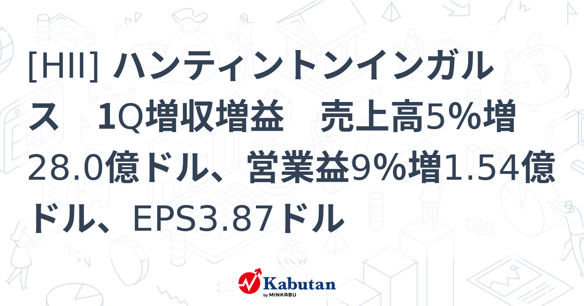 [HII] ハンティントンインガルス 1Q増収増益 売上高5％増28.0億ドル、営業益9％増1.54億ドル、EPS3.87ドル - 株探 ...