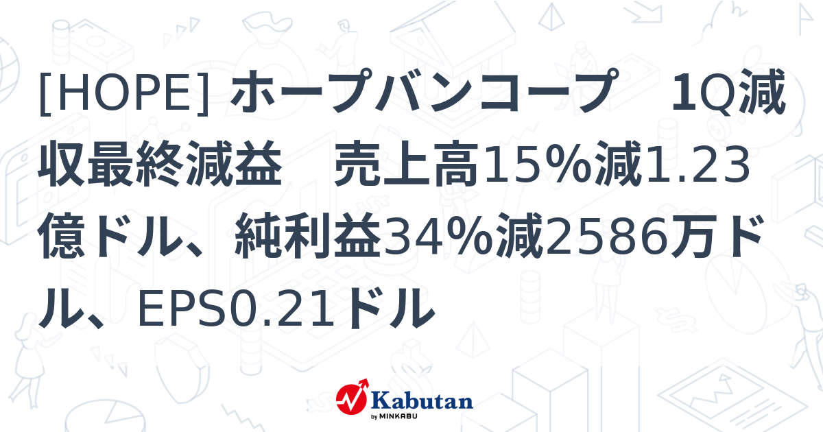 [HOPE] ホープバンコープ 1Q減収最終減益 売上高15％減1.23億ドル、純利益34％減2586万ドル、EPS0.21ドル - 株探(かぶたん)｜米国株