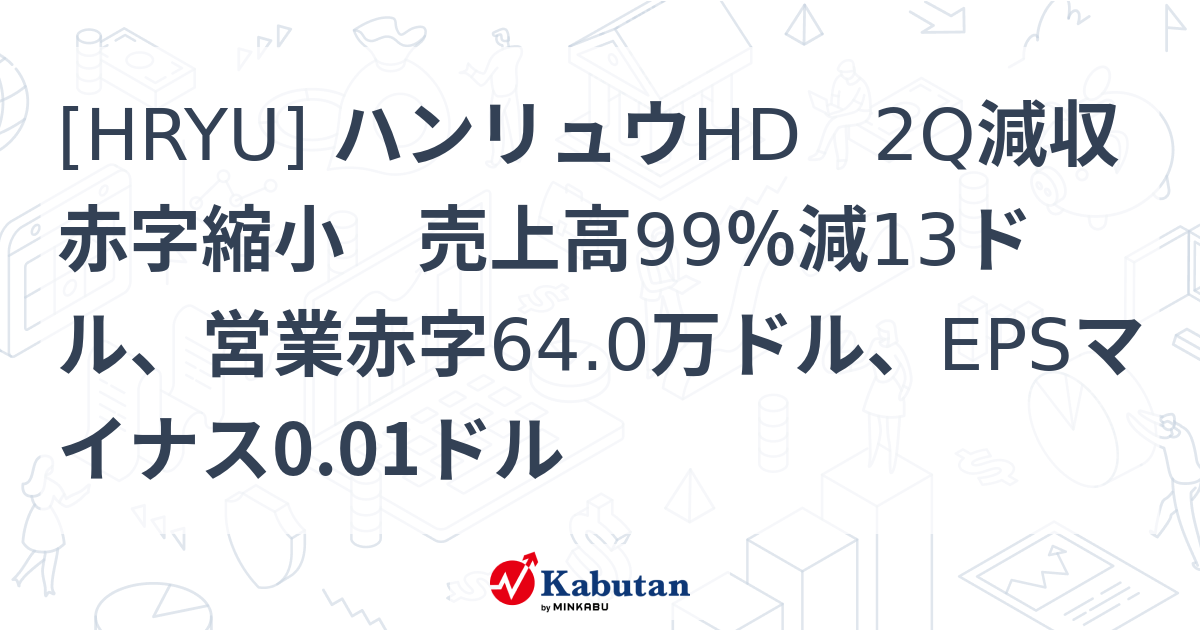 [HRYU] ハンリュウHD 2Q減収赤字縮小 売上高99％減13ドル、営業赤字64.0万ドル、EPSマイナス0.01ドル - 株探(かぶたん)｜米国株