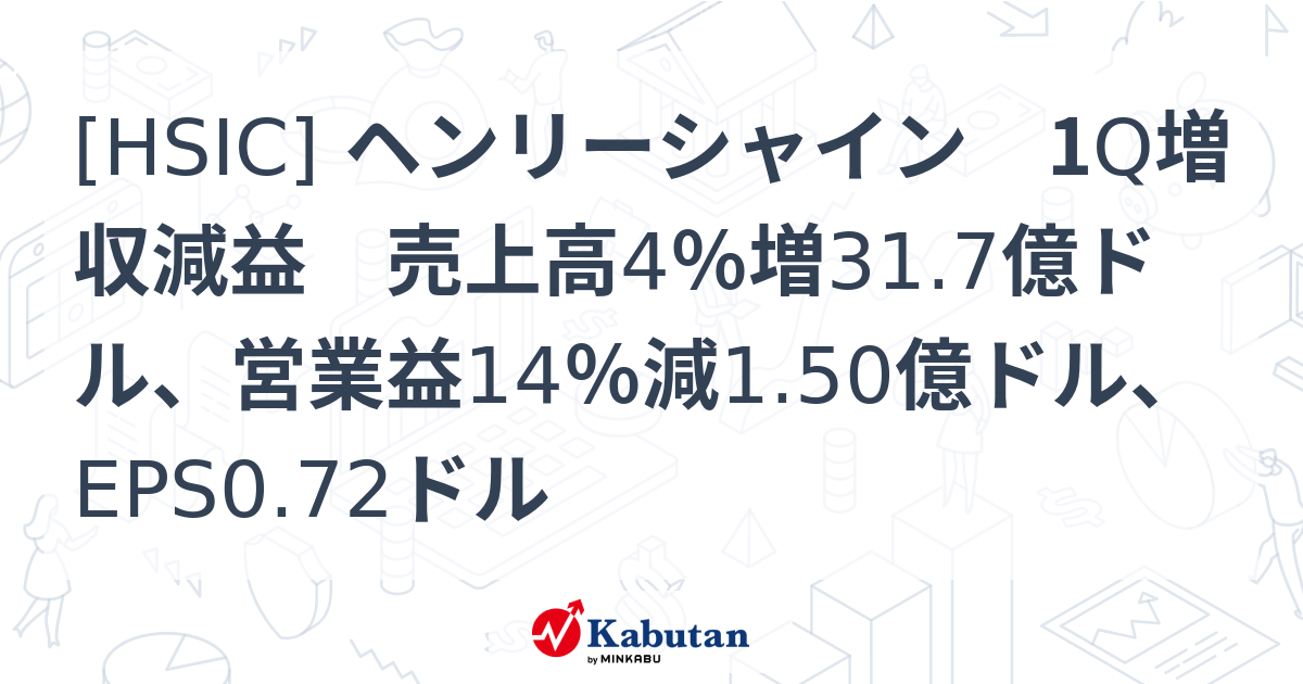 [HSIC] ヘンリーシャイン 1Q増収減益 売上高4％増31.7億ドル、営業益14％減1.50億ドル、EPS0.72ドル - 株探(かぶたん ...