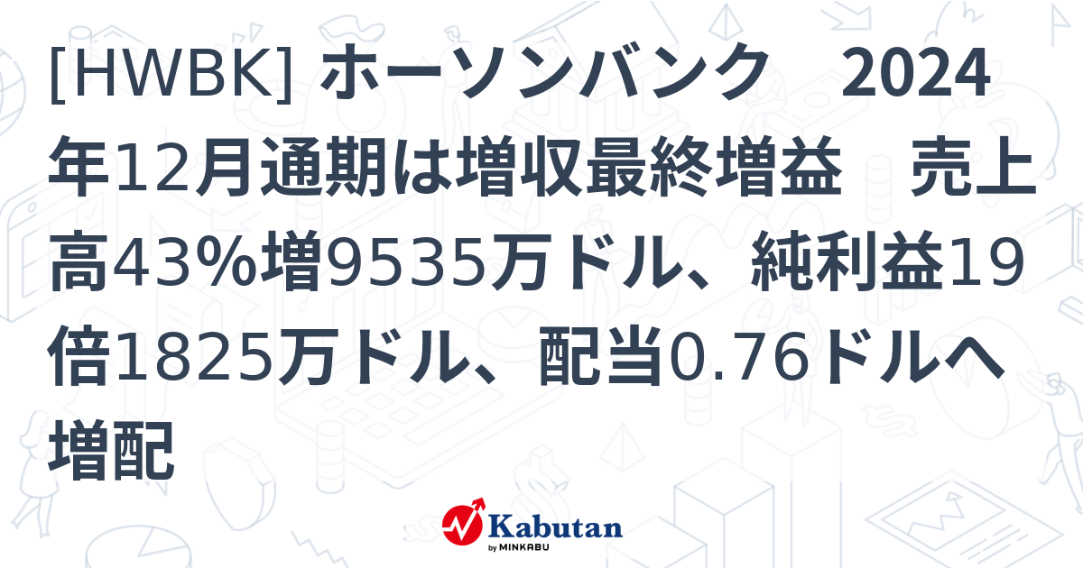 [HWBK] ホーソンバンク 2024年12月通期は増収最終増益 売上高43％増9535万ドル、純利益19倍1825万ドル、配当0.76ドルへ ...