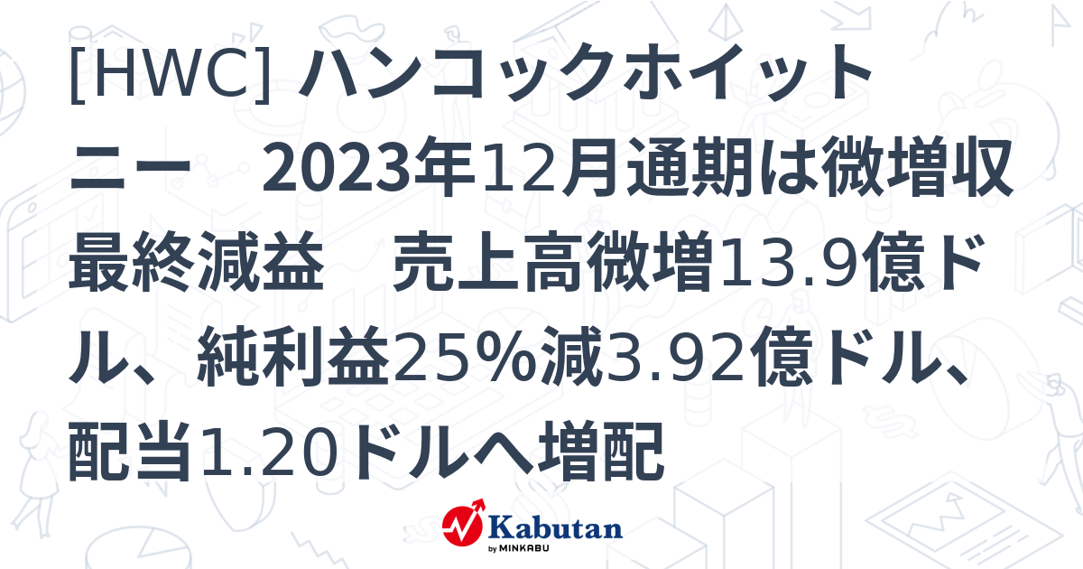 [HWC] ハンコックホイットニー 2023年12月通期は微増収最終減益 売上高微増13.9億ドル、純利益25％減3.92億ドル、配当1.20ドルへ増配 - 株探(かぶたん)｜米国株