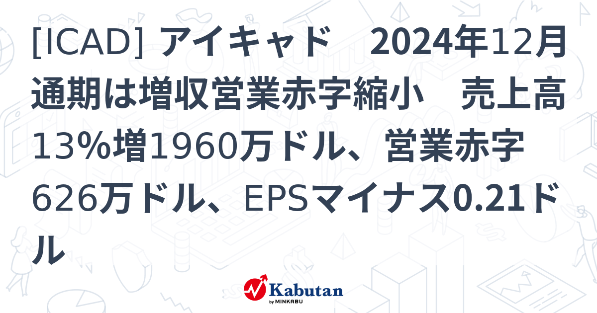 [ICAD] アイキャド 2024年12月通期は増収営業赤字縮小 売上高13％増1960万ドル、営業赤字626万ドル、EPSマイナス0.21ドル - 株探(かぶたん)｜米国株