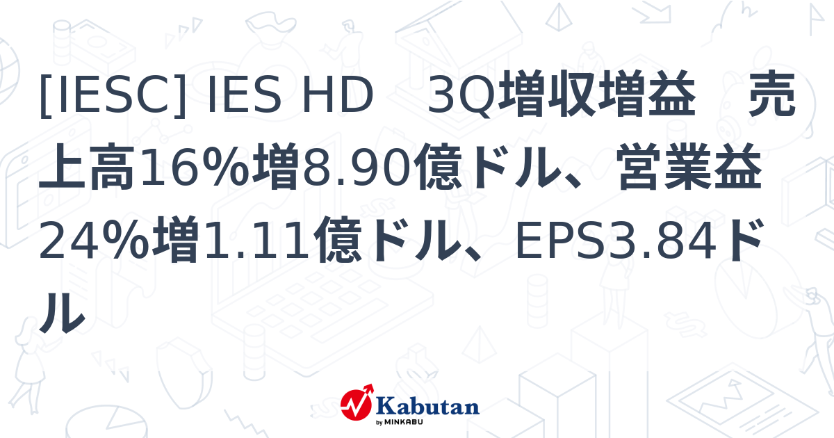 [IESC] IES HD 3Q増収増益 売上高16％増8.90億ドル、営業益24％増1.11億ドル、EPS3.84ドル - 株探(かぶたん)｜米国株