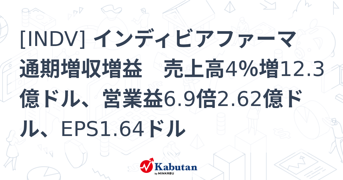 [INDV] インディビアファーマ 通期増収増益 売上高4％増12.3億ドル、営業益6.9倍2.62億ドル、EPS1.64ドル - 株探 ...