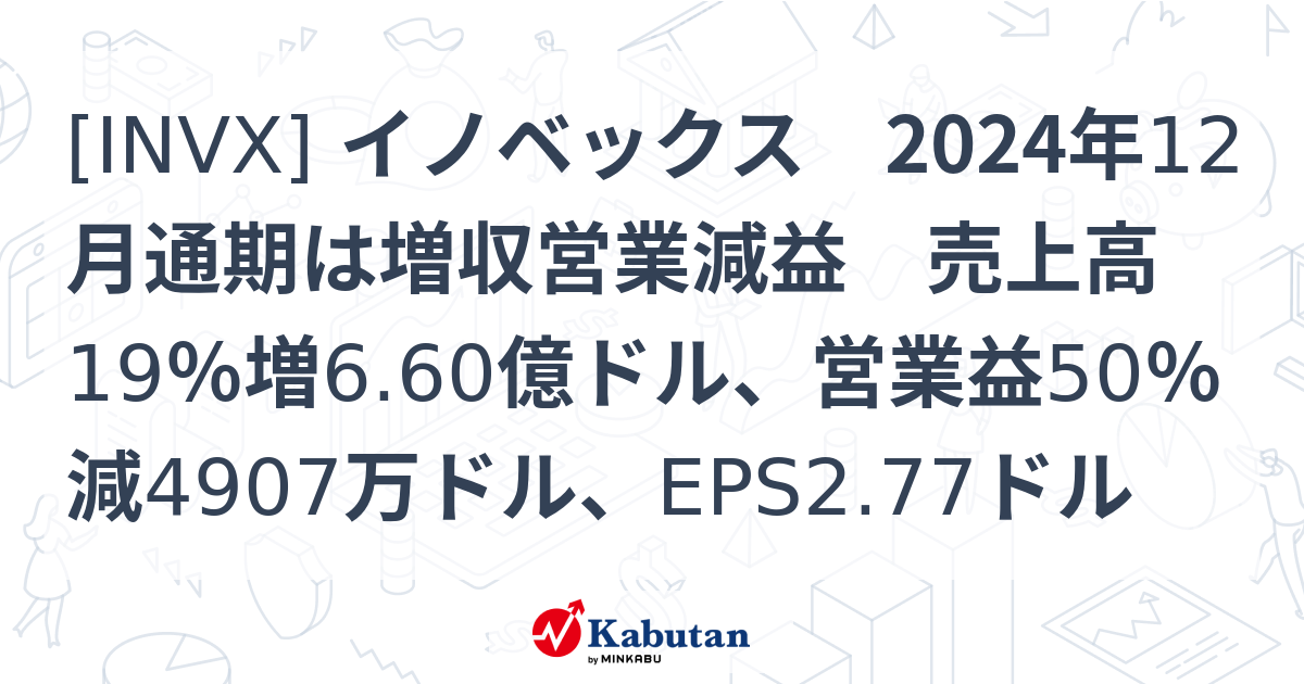 [INVX] イノベックス 2024年12月通期は増収営業減益 売上高19％増6.60億ドル、営業益50％減4907万ドル、EPS2.77ドル ...