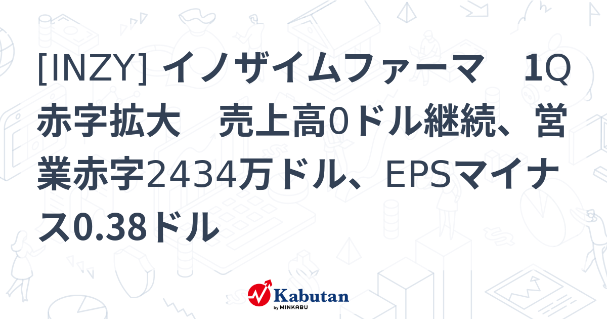 [INZY] イノザイムファーマ 1Q赤字拡大 売上高0ドル継続、営業赤字2434万ドル、EPSマイナス0.38ドル - 株探(かぶたん)｜米国株