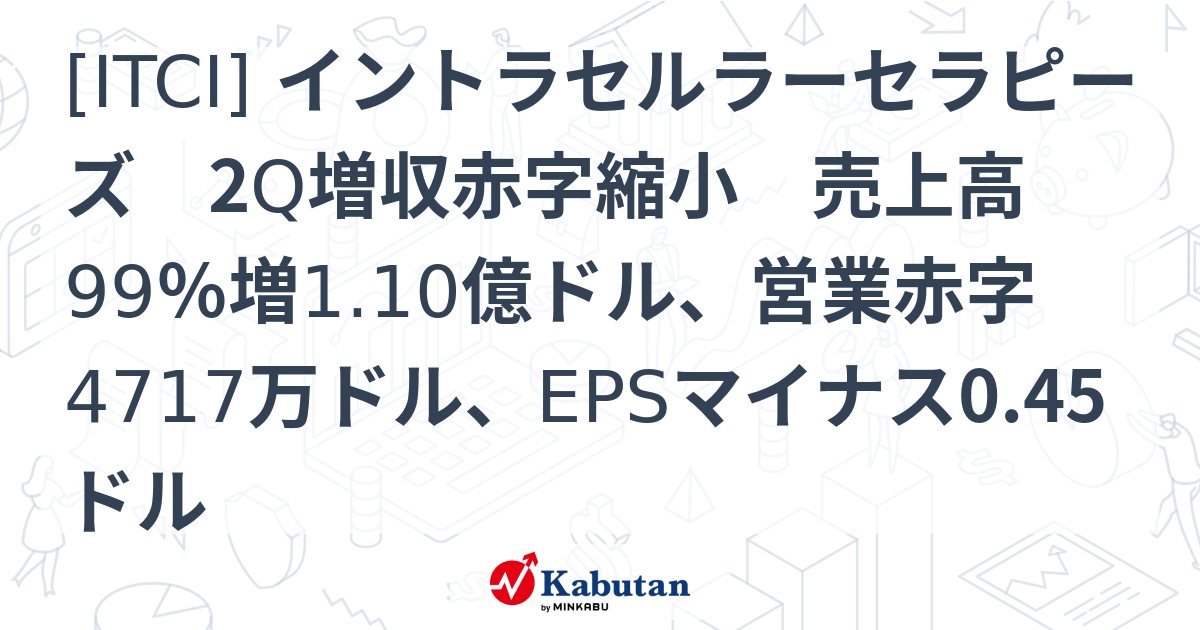 [ITCI] イントラセルラーセラピーズ 2Q増収赤字縮小 売上高99％増1.10億ドル、営業赤字4717万ドル、EPSマイナス0.45ドル ...