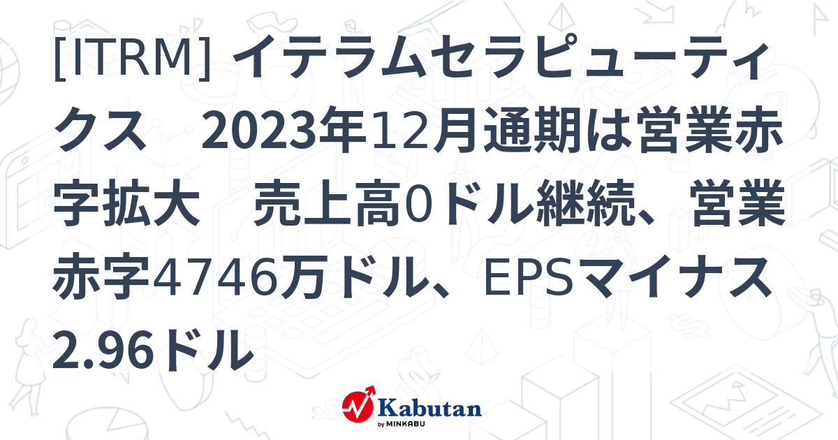 [ITRM] イテラムセラピューティクス 2023年12月通期は営業赤字拡大 売上高0ドル継続、営業赤字4746万ドル、EPSマイナス2.96 ...