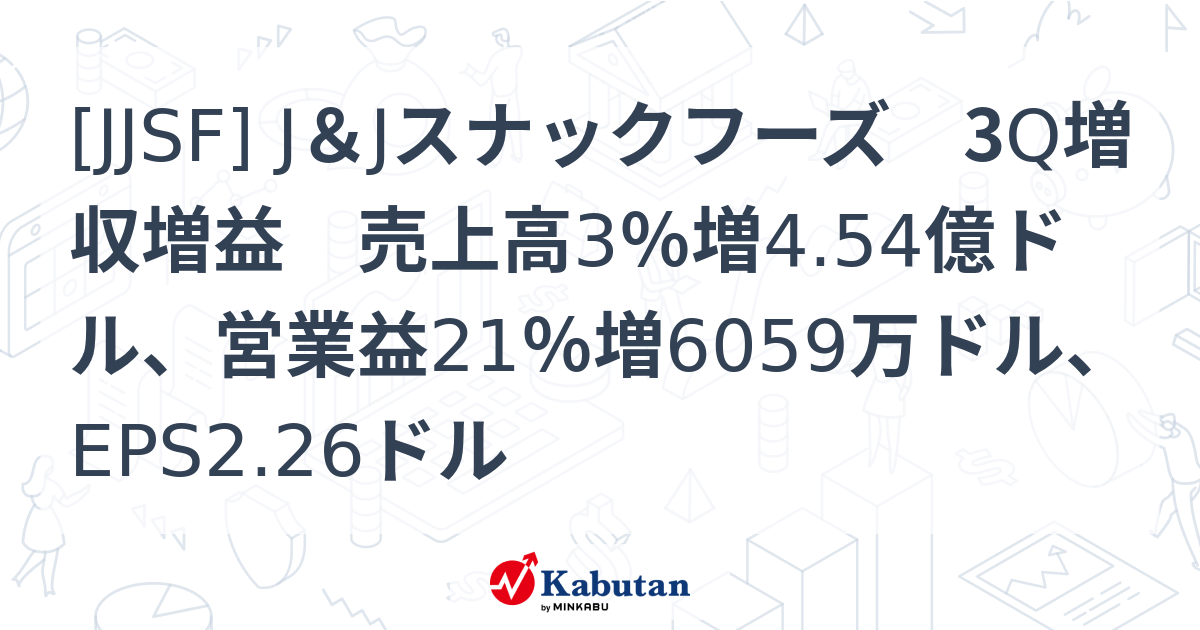 [JJSF] J＆Jスナックフーズ 3Q増収増益 売上高3％増4.54億ドル、営業益21％増6059万ドル、EPS2.26ドル - 株探 ...