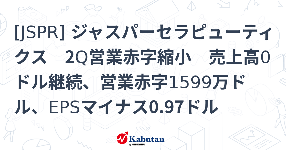 [JSPR] ジャスパーセラピューティクス 2Q営業赤字縮小 売上高0ドル継続、営業赤字1599万ドル、EPSマイナス0.97ドル - 株探 ...