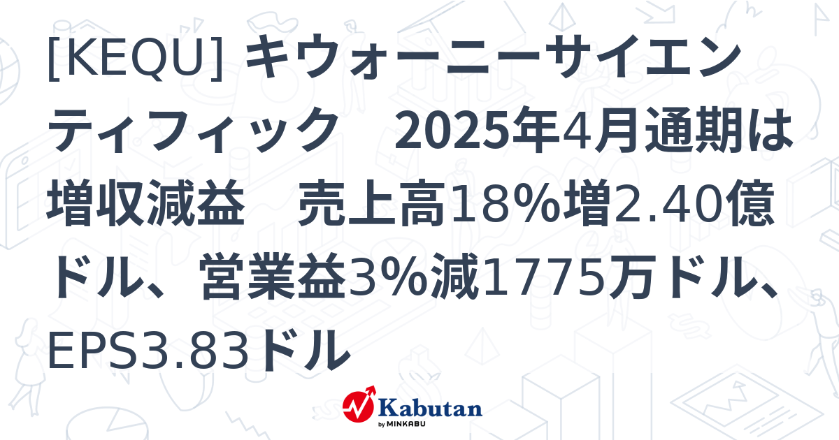 [KEQU] キウォーニーサイエンティフィック 2025年4月通期は増収減益 売上高18％増2.40億ドル、営業益3％減1775万ドル ...