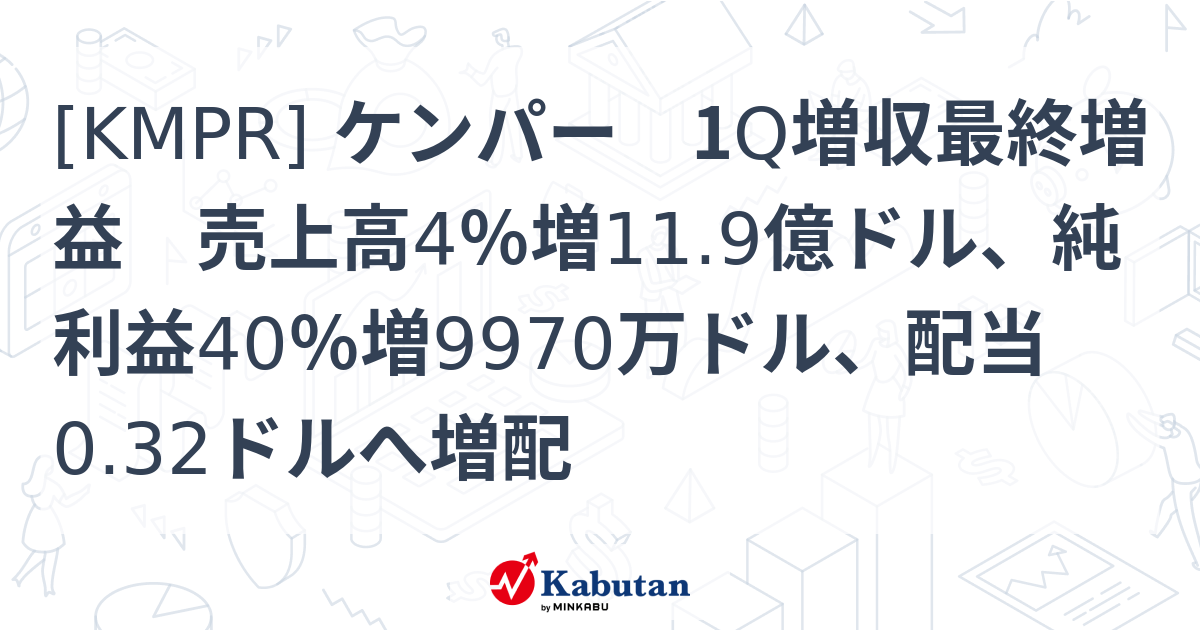 [KMPR] ケンパー 1Q増収最終増益 売上高4％増11.9億ドル、純利益40％増9970万ドル、配当0.32ドルへ増配 - 株探(かぶたん)｜米国株
