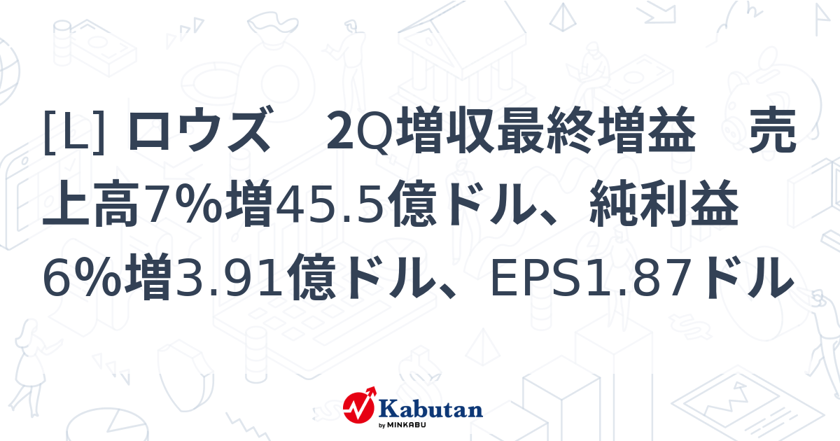 [L] ロウズ 2Q増収最終増益 売上高7％増45.5億ドル、純利益6％増3.91億ドル、EPS1.87ドル | 個別株 - 株探ニュース