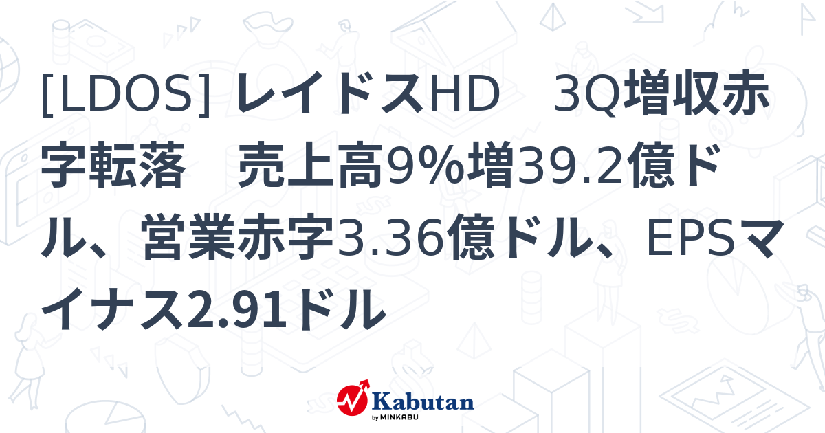[LDOS] レイドスHD 3Q増収赤字転落 売上高9％増39.2億ドル、営業赤字3.36億ドル、EPSマイナス2.91ドル - 株探(かぶたん)｜米国株