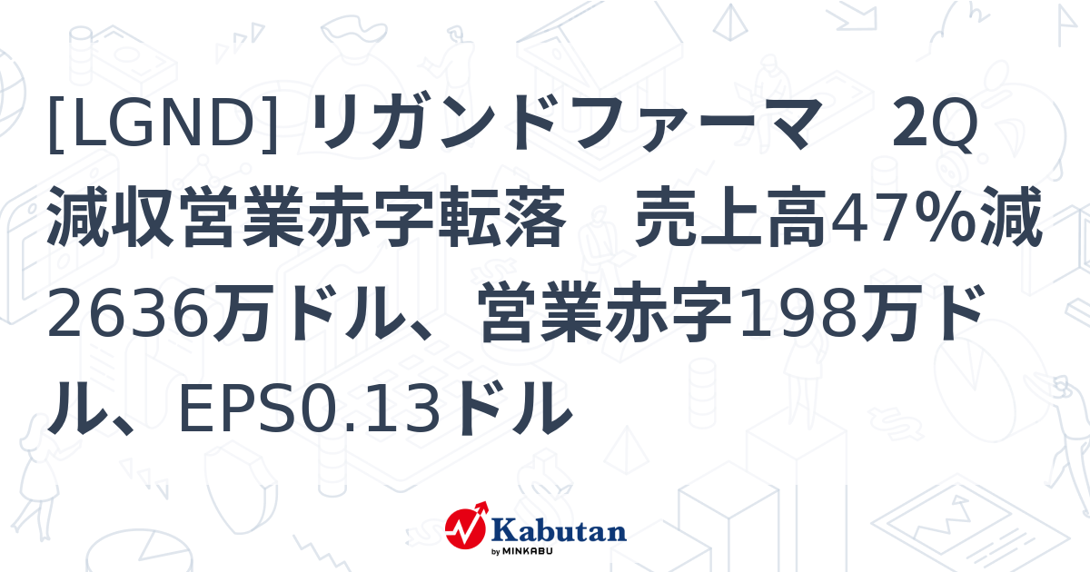 [LGND] リガンドファーマ 2Q減収営業赤字転落 売上高47％減2636万ドル、営業赤字198万ドル、EPS0.13ドル - 株探 ...