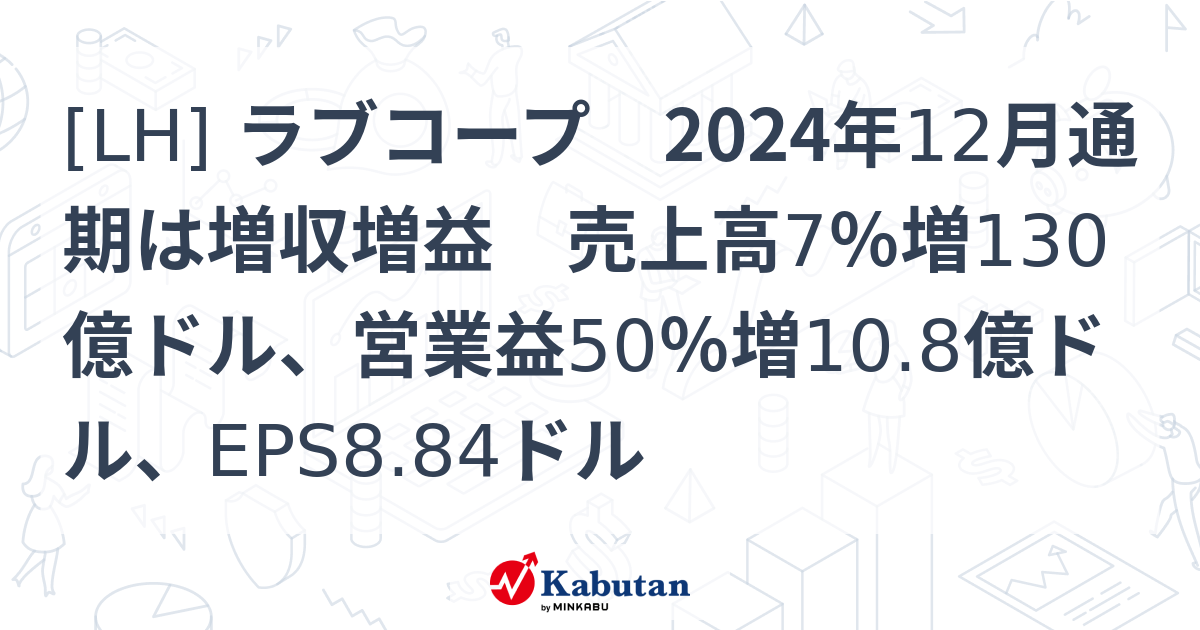 [LH] ラブコープ 2024年12月通期は増収増益 売上高7％増130億ドル、営業益50％増10.8億ドル、EPS8.84ドル - 株探(かぶたん)｜米国株