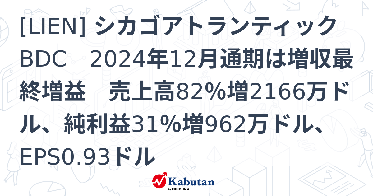 [LIEN] シカゴアトランティックBDC 2024年12月通期は増収最終増益 売上高82％増2166万ドル、純利益31％増962万ドル ...