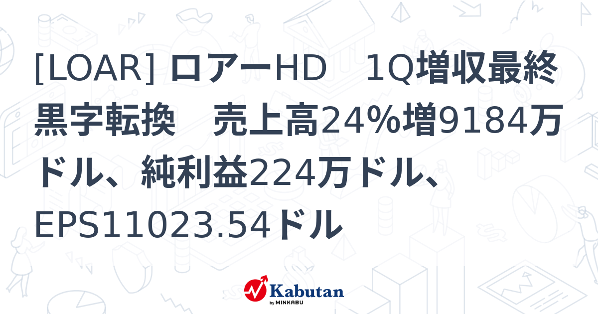 [LOAR] ロアーHD 1Q増収最終黒字転換 売上高24％増9184万ドル、純利益224万ドル、EPS11023.54ドル - 株探(かぶたん)｜米国株