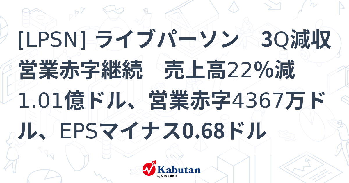 [LPSN] ライブパーソン 3Q減収営業赤字継続 売上高22％減1.01億ドル、営業赤字4367万ドル、EPSマイナス0.68ドル - 株探(かぶたん)｜米国株