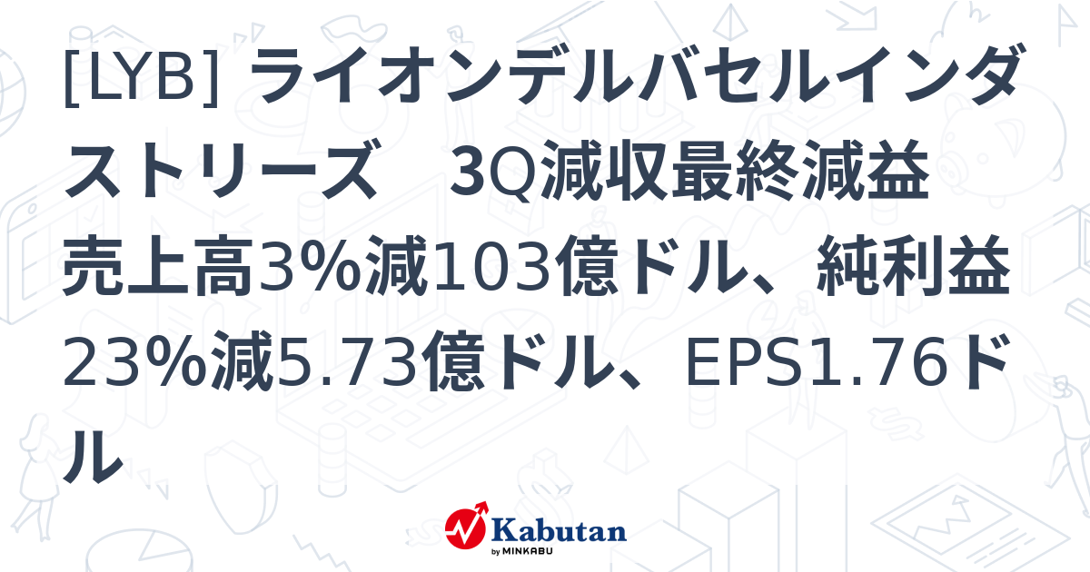 [LYB] ライオンデルバセルインダストリーズ 3Q減収最終減益 売上高3％減103億ドル、純利益23％減5.73億ドル、EPS1.76ドル - 株探(かぶたん)｜米国株