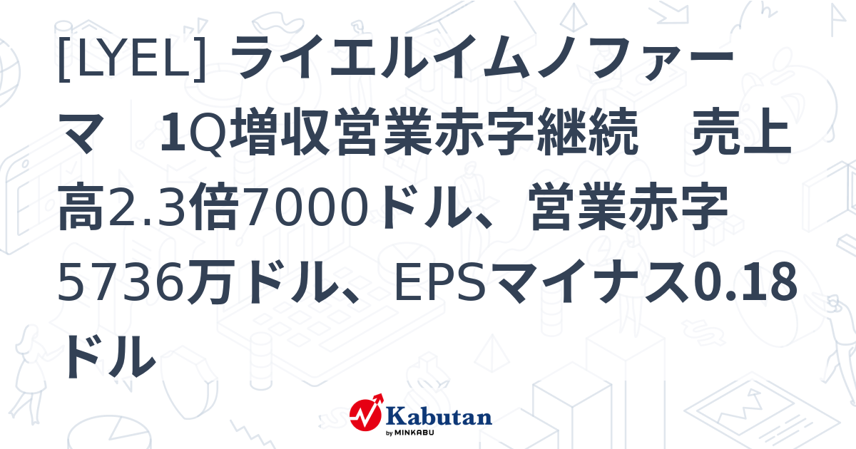 [LYEL] ライエルイムノファーマ 1Q増収営業赤字継続 売上高2.3倍7000ドル、営業赤字5736万ドル、EPSマイナス0.18ドル ...