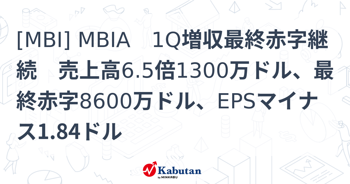 [MBI] MBIA 1Q増収最終赤字継続 売上高6.5倍1300万ドル、最終赤字8600万ドル、EPSマイナス1.84ドル - 株探 ...