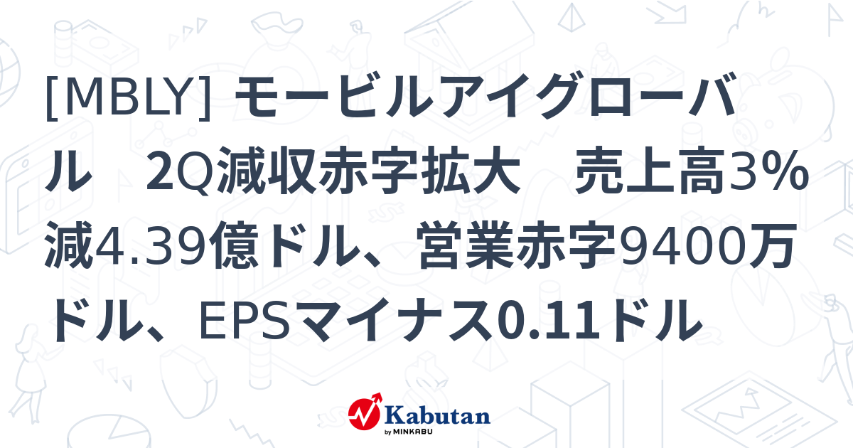 [MBLY] モービルアイグローバル 2Q減収赤字拡大 売上高3％減4.39億ドル、営業赤字9400万ドル、EPSマイナス0.11ドル ...