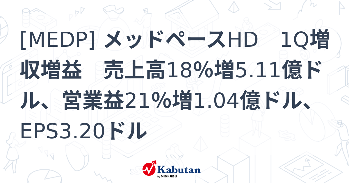 [MEDP] メッドペースHD 1Q増収増益 売上高18％増5.11億ドル、営業益21％増1.04億ドル、EPS3.20ドル - 株探 ...