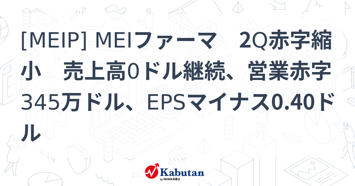 [MEIP] MEIファーマ 2Q赤字縮小 売上高0ドル継続、営業赤字345万ドル、EPSマイナス0.40ドル - 株探(かぶたん)｜米国株