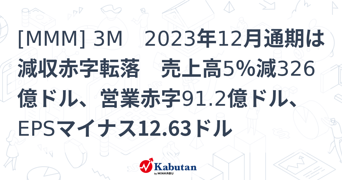 [MMM] 3M 2023年12月通期は減収赤字転落 売上高5％減326億ドル、営業赤字91.2億ドル、EPSマイナス12.63ドル - 株探(かぶたん)｜米国株