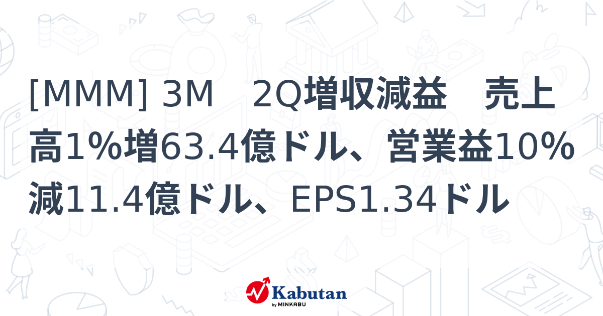 [MMM] 3M 2Q増収減益 売上高1％増63.4億ドル、営業益10％減11.4億ドル、EPS1.34ドル | 個別株 - 株探ニュース