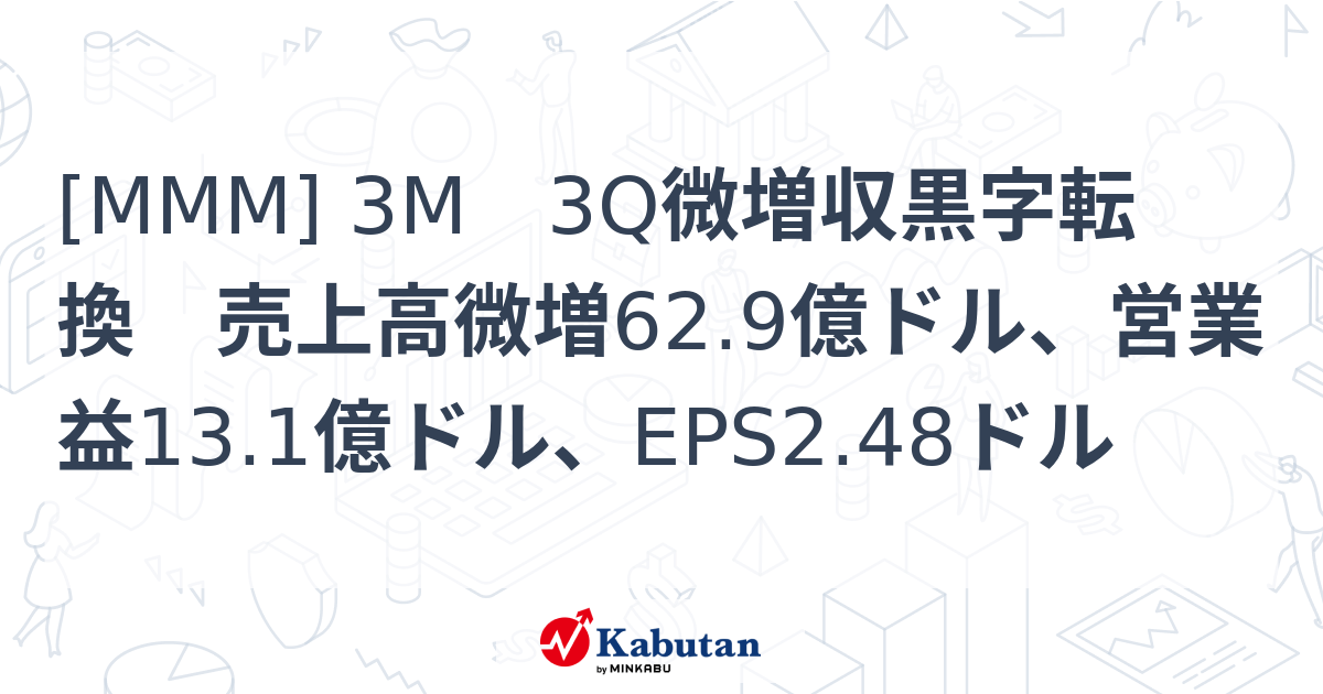 [MMM] 3M 3Q微増収黒字転換 売上高微増62.9億ドル、営業益13.1億ドル、EPS2.48ドル | 個別株 - 株探ニュース