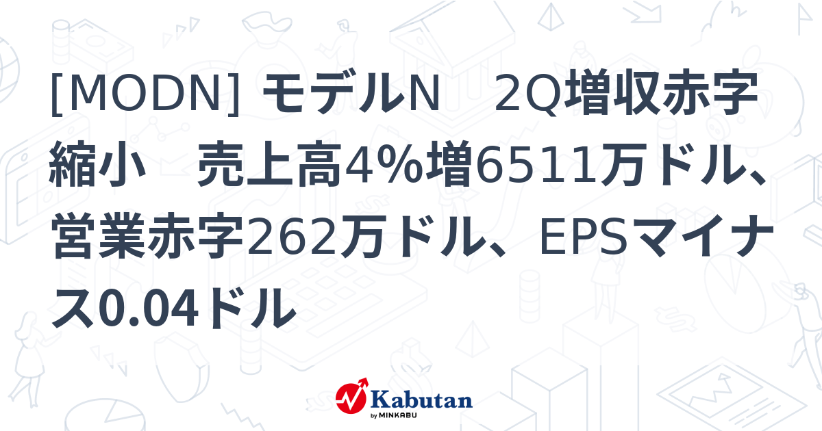 [MODN] モデルN 2Q増収赤字縮小 売上高4％増6511万ドル、営業赤字262万ドル、EPSマイナス0.04ドル - 株探(かぶたん)｜米国株