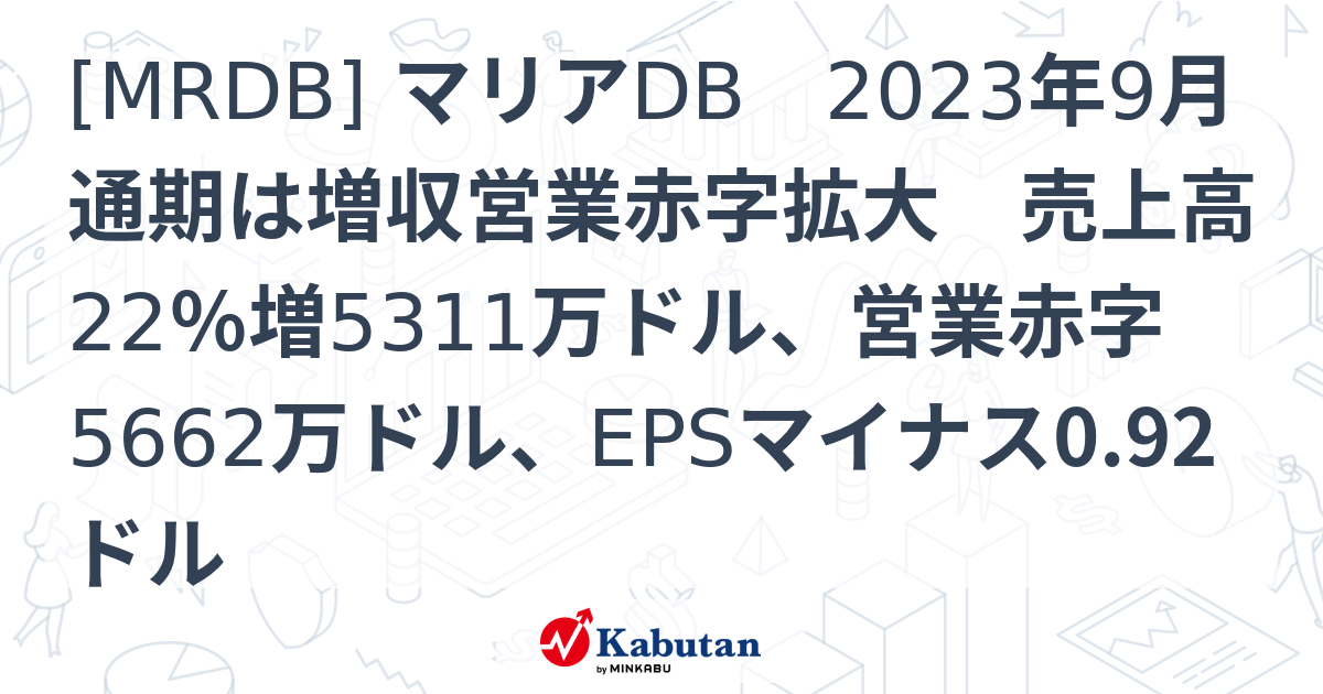 [MRDB] マリアDB 2023年9月通期は増収営業赤字拡大 売上高22％増5311万ドル、営業赤字5662万ドル、EPSマイナス0.92 ...