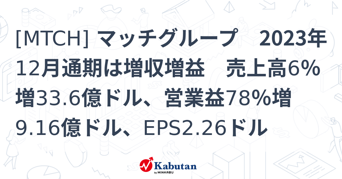 [MTCH] マッチグループ 2023年12月通期は増収増益 売上高6％増33.6億ドル、営業益78％増9.16億ドル、EPS2.26ドル ...
