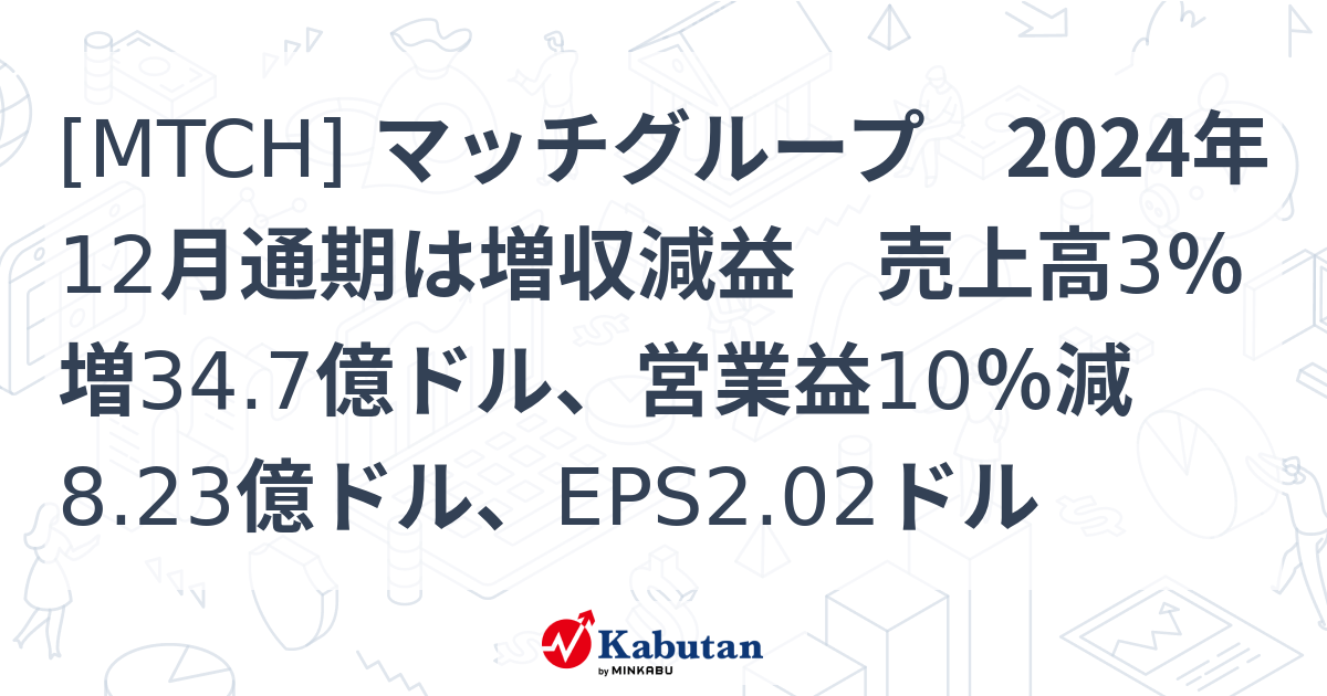 [MTCH] マッチグループ 2024年12月通期は増収減益 売上高3％増34.7億ドル、営業益10％減8.23億ドル、EPS2.02ドル - 株探(かぶたん)｜米国株