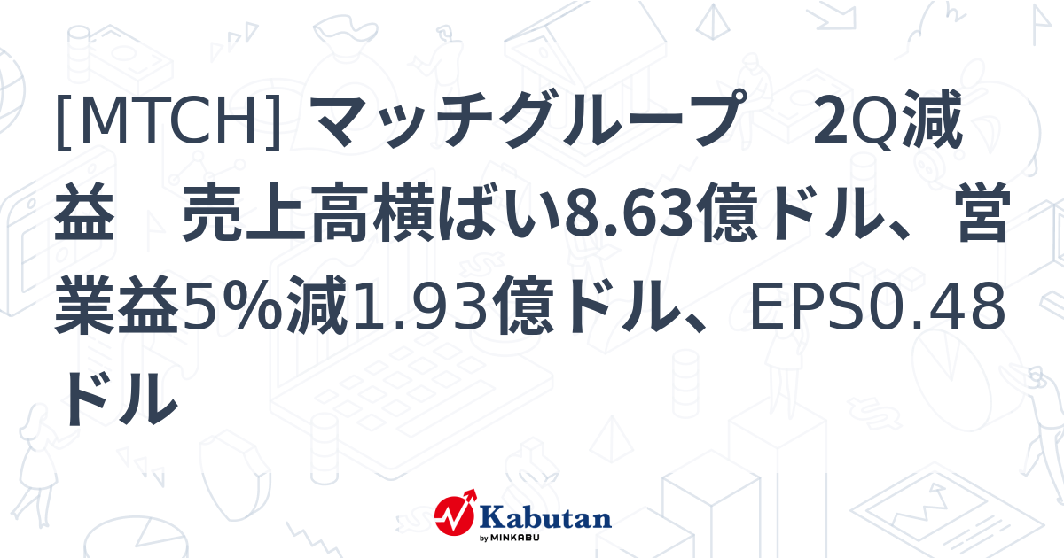 [MTCH] マッチグループ 2Q減益 売上高横ばい8.63億ドル、営業益5％減1.93億ドル、EPS0.48ドル | 個別株 - 株探ニュース