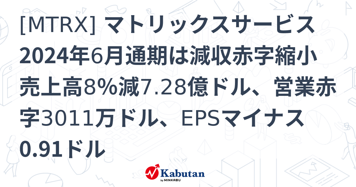 [MTRX] マトリックスサービス 2024年6月通期は減収赤字縮小 売上高8％減7.28億ドル、営業赤字3011万ドル、EPSマイナス0. ...
