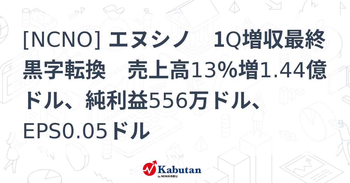 [NCNO] エヌシノ 1Q増収最終黒字転換 売上高13％増1.44億ドル、純利益556万ドル、EPS0.05ドル - 株探(かぶたん)｜米国株