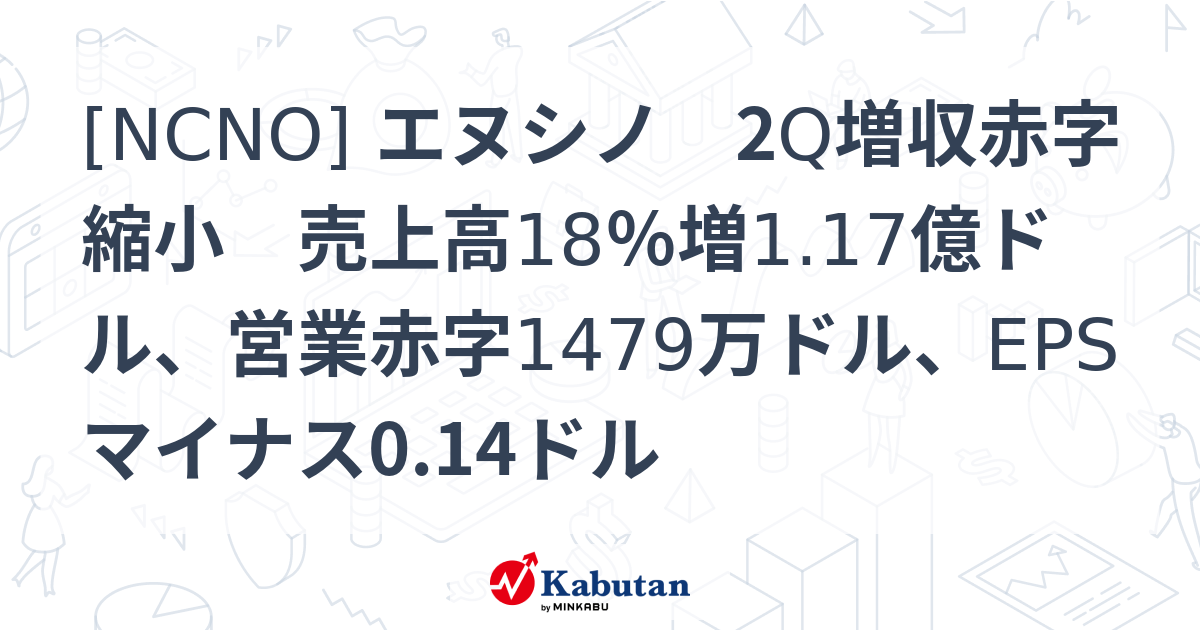[NCNO] エヌシノ 2Q増収赤字縮小 売上高18％増1.17億ドル、営業赤字1479万ドル、EPSマイナス0.14ドル - 株探(かぶたん ...