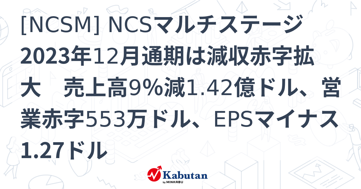 [NCSM] NCSマルチステージ 2023年12月通期は減収赤字拡大 売上高9％減1.42億ドル、営業赤字553万ドル、EPSマイナス1.27ドル - 株探(かぶたん)｜米国株