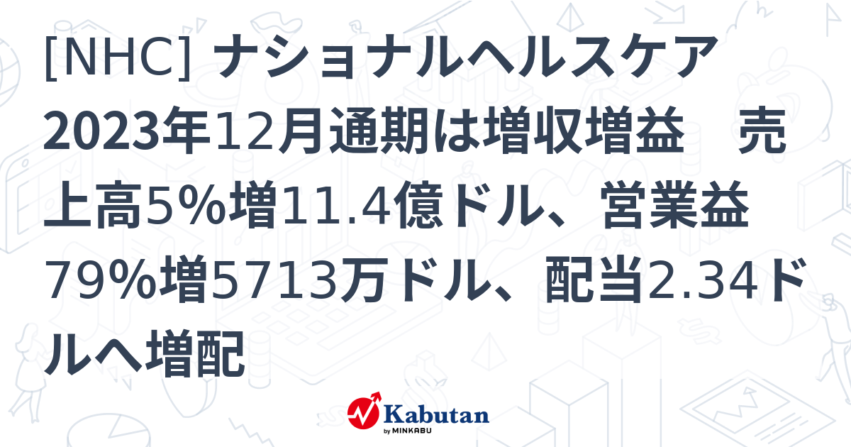 [NHC] ナショナルヘルスケア 2023年12月通期は増収増益 売上高5％増11.4億ドル、営業益79％増5713万ドル、配当2.34ドルへ増配 - 株探(かぶたん)｜米国株